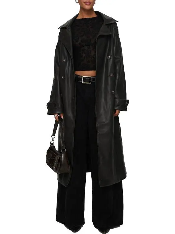 Princess Polly Faux Leather Trench Coat - Washed Black
