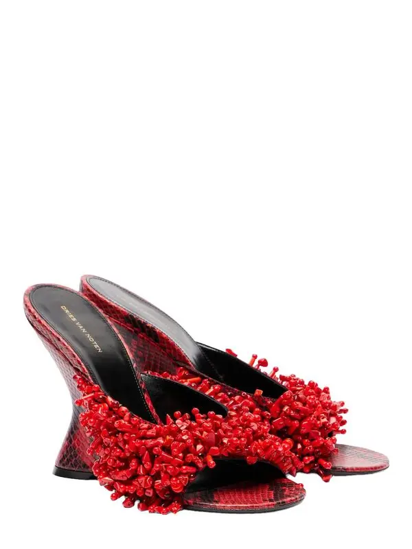Dries Van Noten Beaded Snake-print Wedge Mules - Red