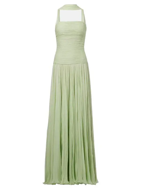 MARMAR HALIM Pleated Silk Georgette Gown With Scarf Detail - Green