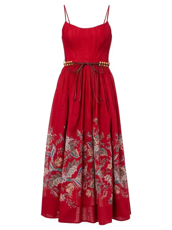 Zimmermann Rhiannon Gathe Paisley Cotton Midi Dress - Red