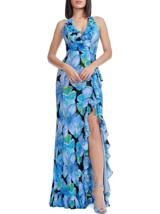 Dress The Population Kathleen Floral Ruffle Halter Gown - Cobalt Multi