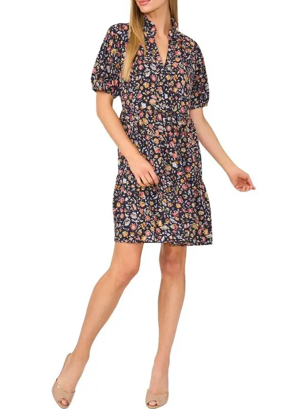 CECE DUPRAZ Floral Short Sleeve Mini Dress - Classic Navy
