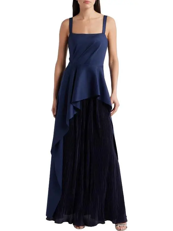 Black Halo Dorothea Plissé Sleeveless Satin Gown - Pacific Blue/ Pacific Blue
