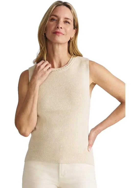 LANDS' END Cotton Viscose Braided Neck Tank Sweater - Oatmeal Heather