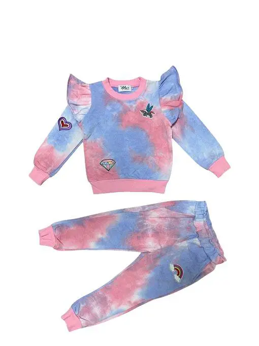 LOLA + THE BOYS Tie Dye Ruffle Patch Jogger Set - Pink