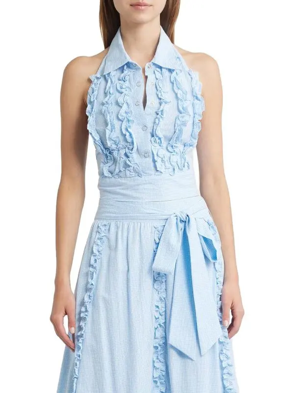 Love The Label Cotton Gingham Halter Top With Ruffle Detail - Blue/ White