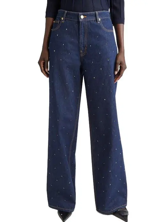 St. John Rhinestone Embellished Wide Leg Jeans - Indigo Wash