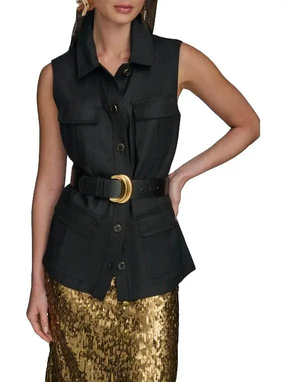 Donna Karan New York Belted Linen Blend Vest - Black