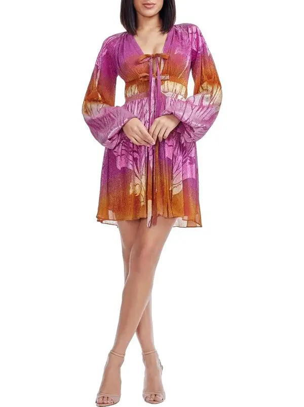Dress The Population Codi Long Sleeve Fit & Flare Dress - Bright Fuchsia Multi
