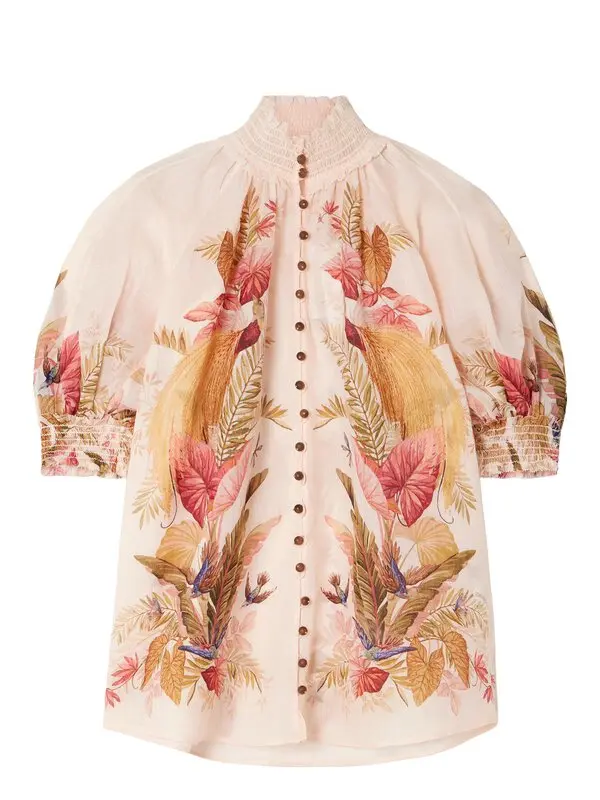 Zimmermann Ascension Embellished Shirred Floral-print Ramie Blouse - Cream