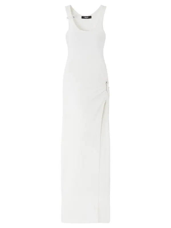 Versace Cutout Embellished Ribbed Maxi Dress - White