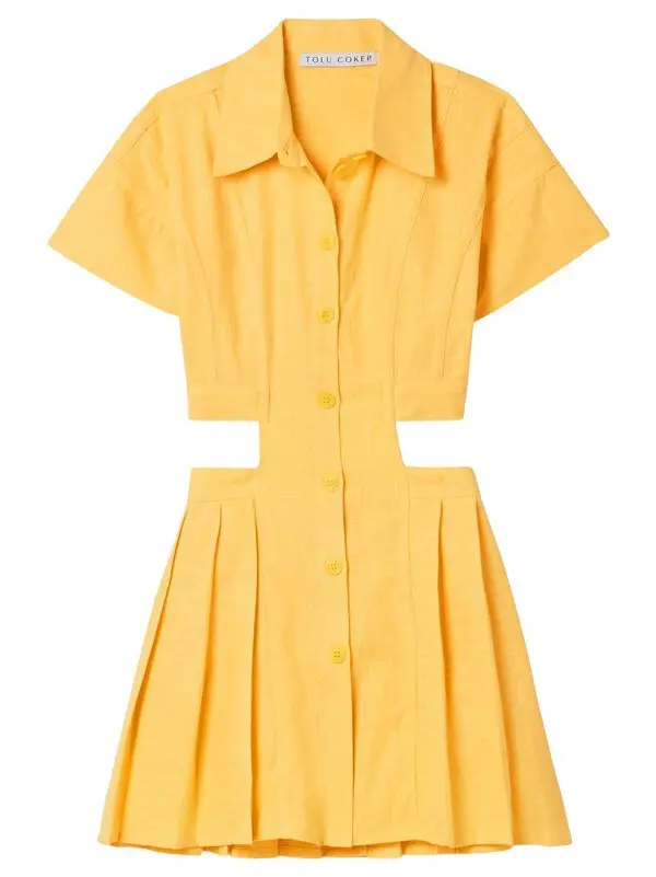 TOLU COKER Cutout Pleated Mini Shirt Dress - Yellow