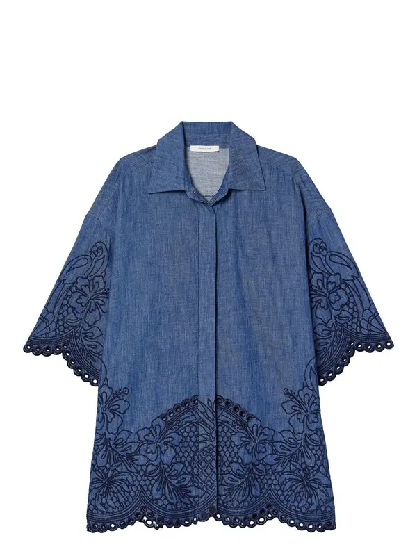 Zimmermann Coco Embroidered Cotton-chambray Shirt - Blue
