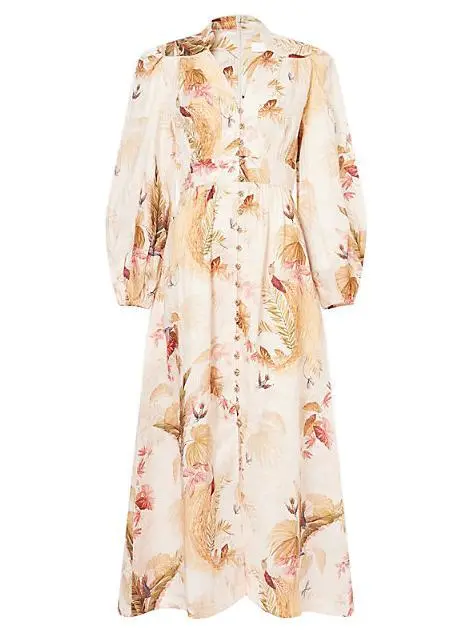 Zimmermann Ascension Plunge Linen Midi Dress - Cream Palm Floral