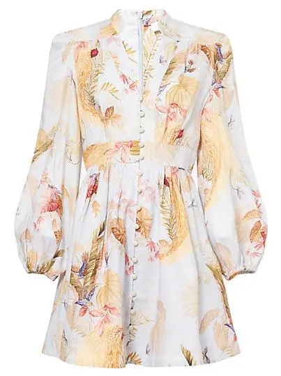 Zimmermann Ascension Plunge Linen Mini Dress - Light Blue Palm Floral