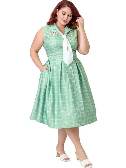 Unique Vintage 1950s Edith Swing Dress - Mint Plaid