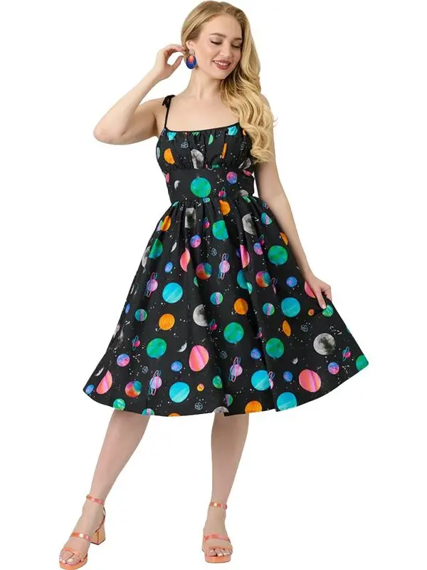 Unique Vintage 1950s Cotton Swing Dress - Black/blue