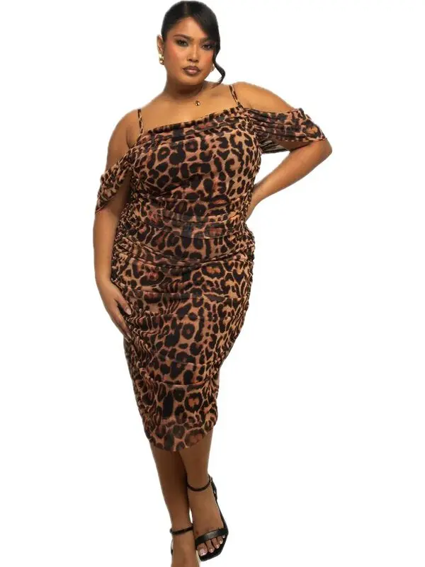 FASHION-SZN CURVE Leopard Print Mesh Midi Dress - Brown