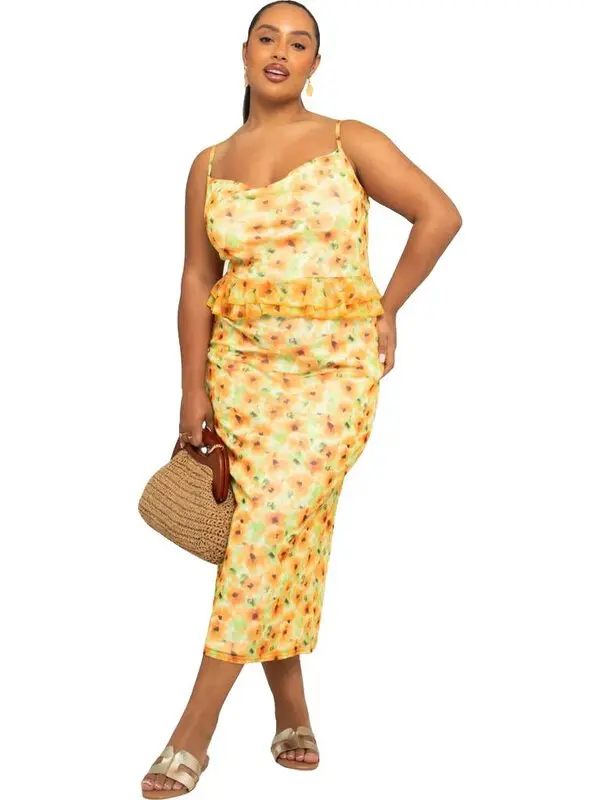 FASHION-SZN CURVE Floral Print Peplum Midi Dress - Yellow