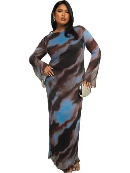 FASHION-SZN CURVE Abstract Print Mesh Maxi Dress - Blue