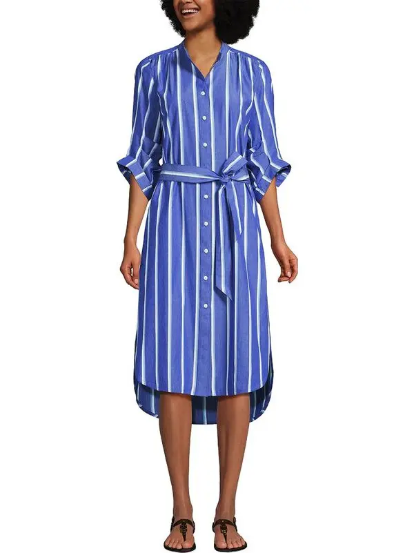 LANDS' END Poplin Oversized Puff Sleeve Midi Shirt Dress - Blue/white Shadow Stripe