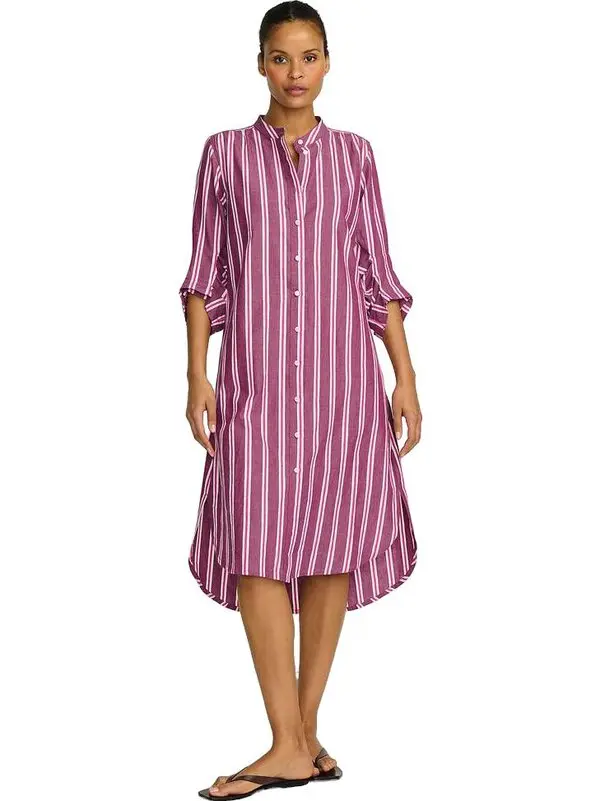 LANDS' END Poplin Oversized Puff Sleeve Midi Shirt Dress - Burgundy Spritz Stripe