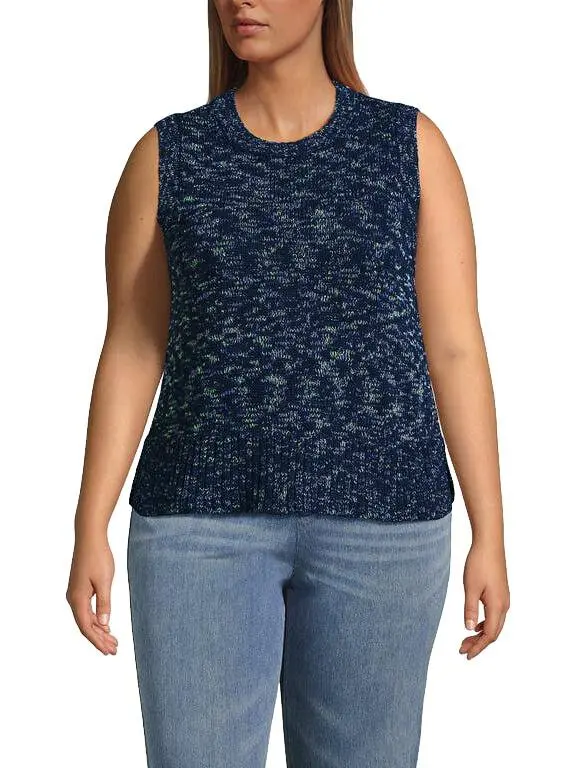 LANDS' END Cotton Blend Textured Crewneck Vest - Deep Sea Navy Space Dye