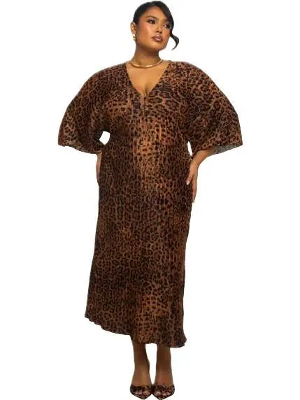 FASHION-SZN CURVE Leopard Print Midi Dress - Brown