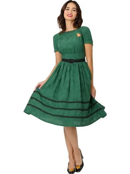 Unique Vintage Boatneck Ricrac Swing Dress - Emerald