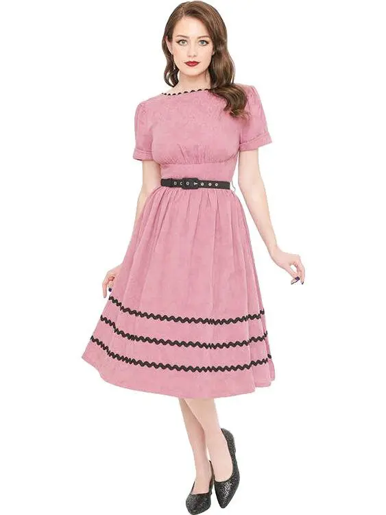 Unique Vintage Boatneck Ricrac Swing Dress - Light Berry Pink
