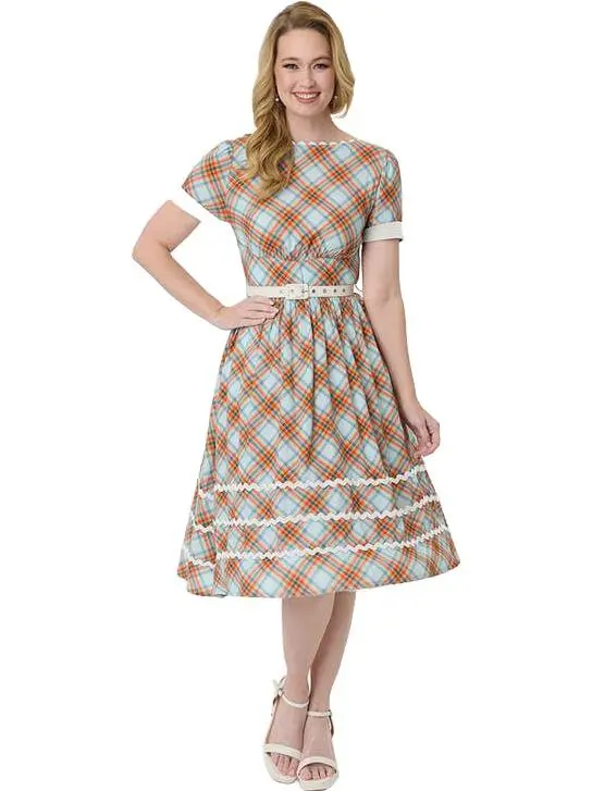 Unique Vintage Boatneck Ricrac Swing Dress - Rainbow Plaid