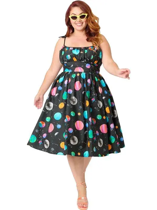Unique Vintage 1950s Cotton Swing Dress - Black & Blue