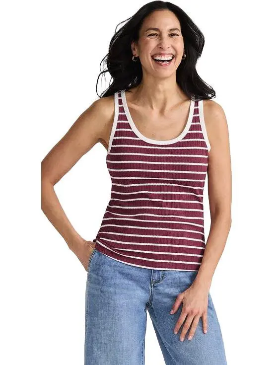 LANDS' END Pointelle Rib U-neck Tank - Burgundy/ivory Breton Stripe
