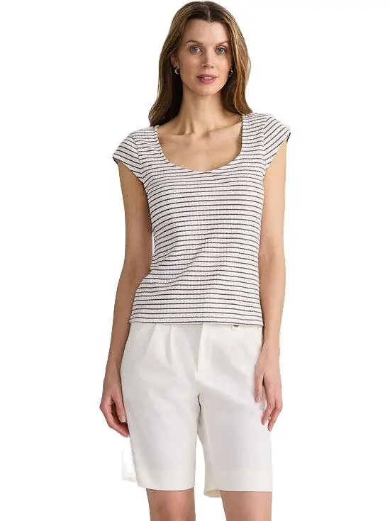 LANDS' END Pointelle Cap-sleeve Top - White/coriander Easy Stripe