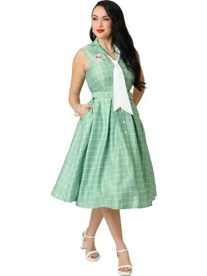 Unique Vintage 1950s Edith Swing Dress - Mint Plaid