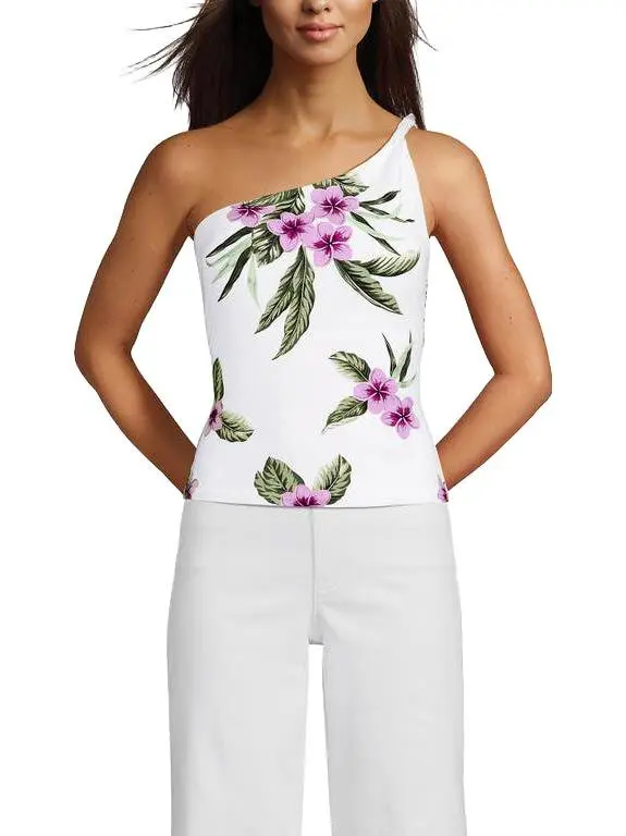 LANDS' END One Shoulder Top - White/magenta Plumeria