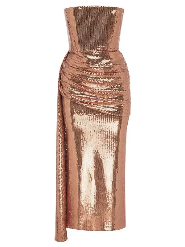 Alex Perry Strapless Draped Sequin Mesh Midi Dress - Copper