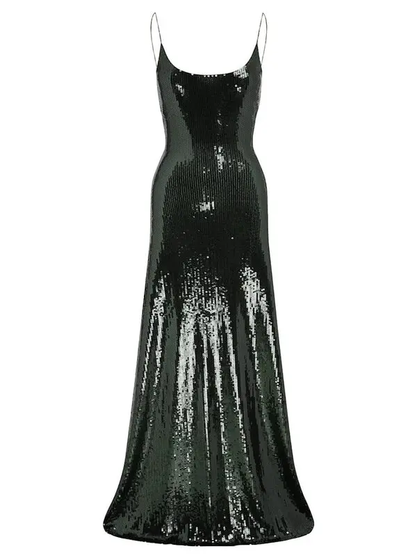 Alex Perry Singlet Backless Sequin Embellished Gown - Dark Olive