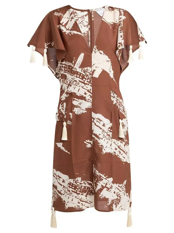 Bottega Veneta Italian Postcard Silk Shantung Dress - Ltbrown
