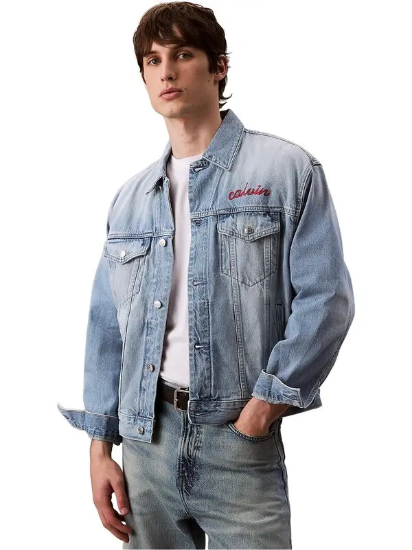 Calvin Klein 90s Logo Embroidery Denim Trucker Jacket - Reflection Blue