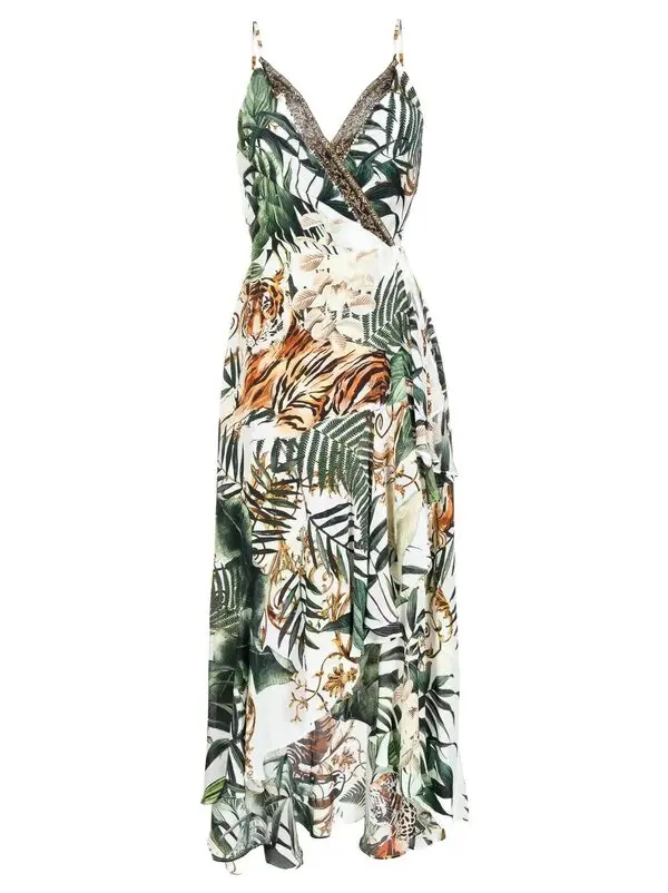 Camilla Draped Tiger-print Wrap Dress - White