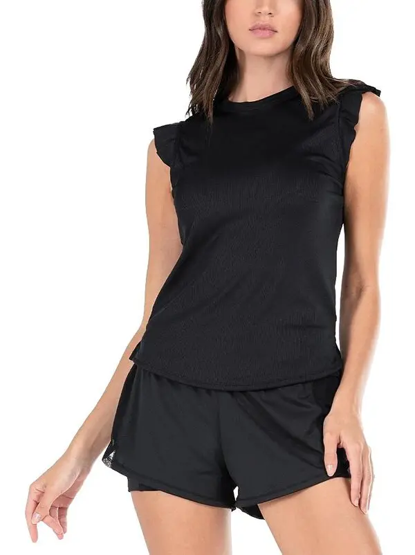 Lucky In Love Rib Tank With Ruffled Cap Sleeves - Black