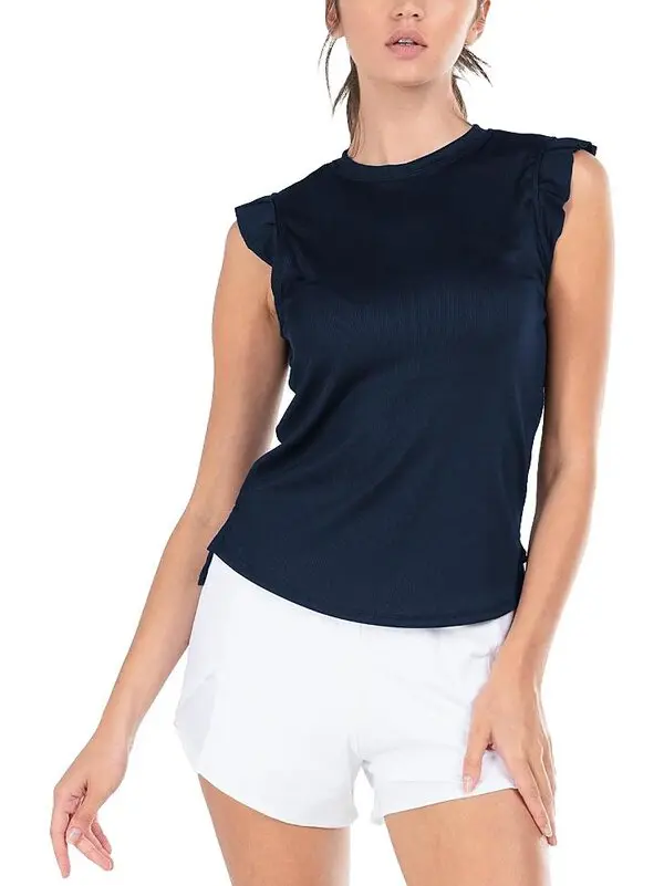Lucky In Love Rib Tank With Ruffled Cap Sleeves - Navy