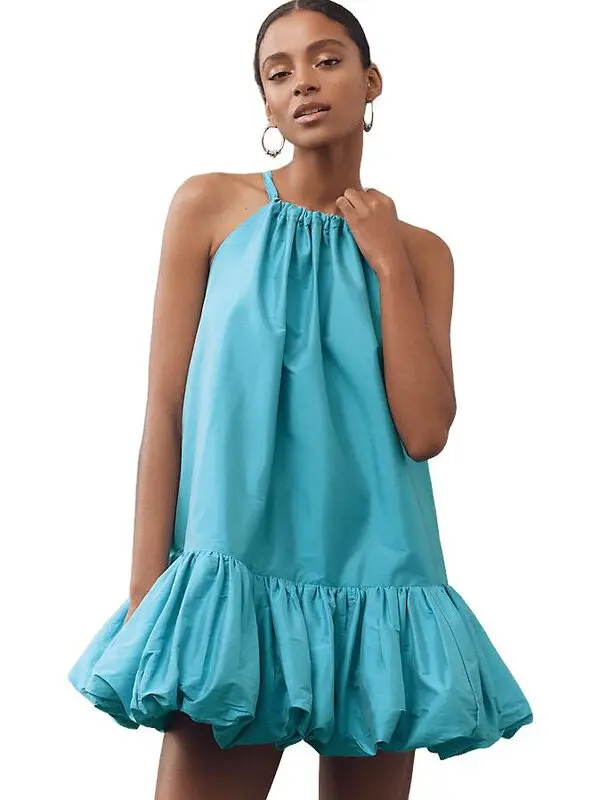 Bhldn High-neck Ruffle-hem Mini Dress - Blue Grotto