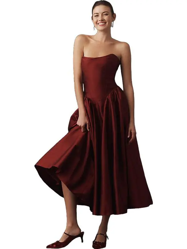 Bhldn Strapless Basque-waist A-line Midi Dress - Cabernet