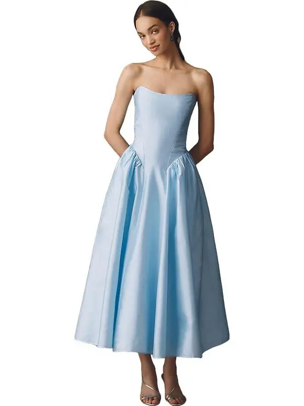 Bhldn Strapless Basque-waist A-line Midi Dress - Light Blue
