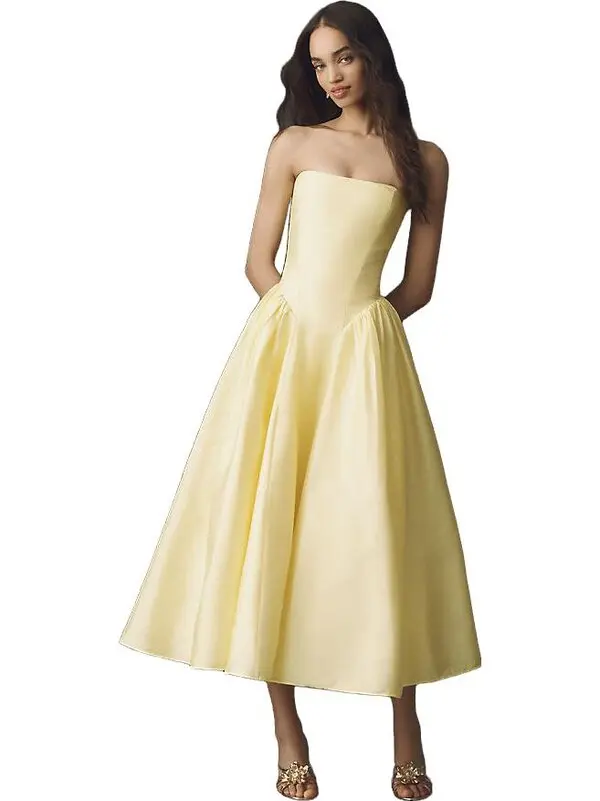 Bhldn Strapless Basque-waist A-line Midi Dress - Light Yellow