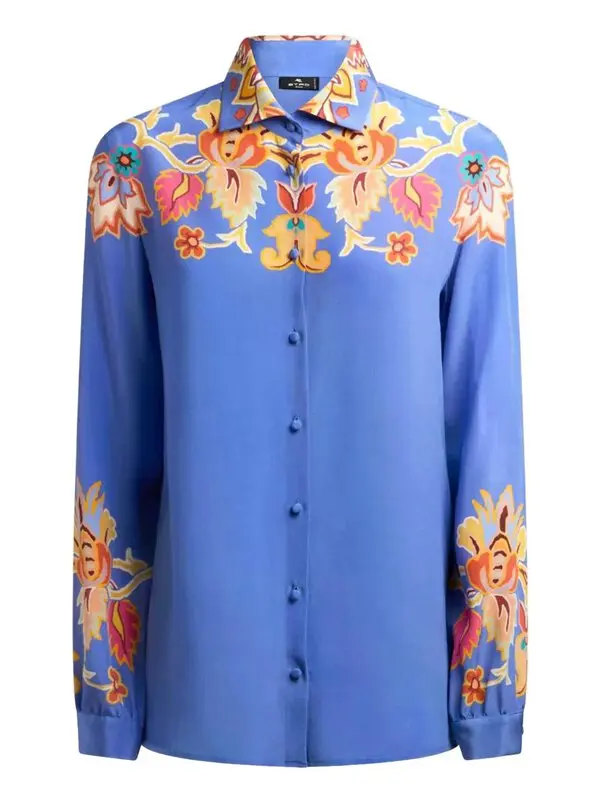 Etro Floral-print Crepe De Chine Shirt - Blue
