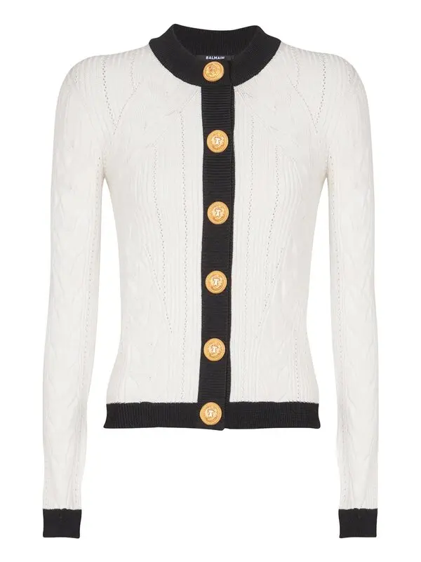 Balmain Contrast-trim Cable-knit Cardigan - White