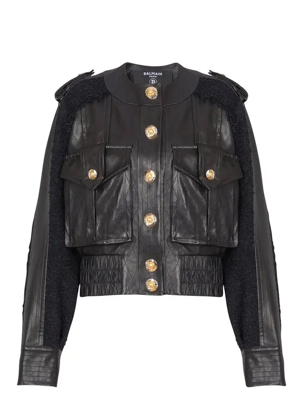 Balmain Tweed-trim Leather Bomber Jacket - Black